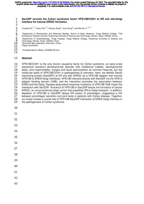 Pdf Sec23ip Recruits The Cohen Syndrome Factor Vps13b Coh1 To Er Exit Site Golgi Interface For