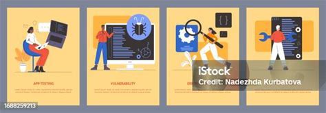 코드 테스트 배너 디자인 소프트웨어 검사 프로세스 사람들은 오류나 바이러스 버그를 검색합니다 프로그래머와 테스터가 일합니다 컴퓨터 개발자 웹 개발 벡터 카드 세트 소프트웨어