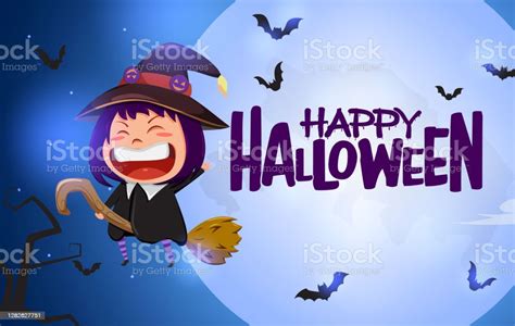 할로윈 마녀 캐릭터 벡터 배경 디자인 트릭 또는 공포 디자인을 치료 빗자루 스틱에 타고 마녀 캐릭터와 행복한 할로윈 텍스트 개념에 대한 스톡 벡터 아트 및 기타 이미지