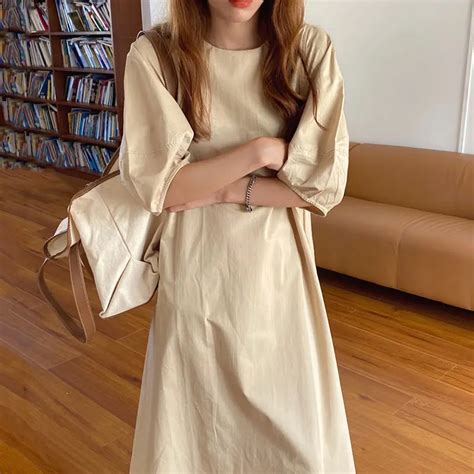 세련된 한국 스타일 부드러운 라운드 넥 캐주얼 퍼프 슬리브 미디 드레스 여성용 신제품 느슨한 단색 Aliexpress