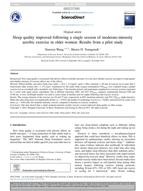 Pdf Sleep Quality Improved Following A Single Session Of Moderate Intensity Aerobic Exercise