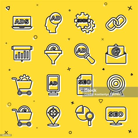 세트 라인 Seo 최적화 타겟 스포츠 메일 및 이메일 소셜 미디어 마케팅 리드 관리 그래프 차트 광고 및 아이콘이있는 보드 벡터 개념에 대한 스톡 벡터 아트 및 기타 이미지