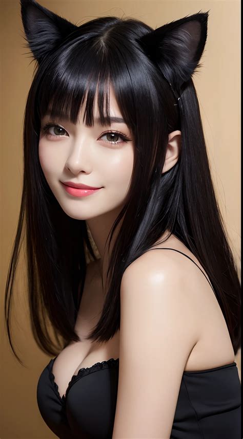 고양이 귀와 검은 드레스를 입은 여자의 클로즈업 Seaart Ai