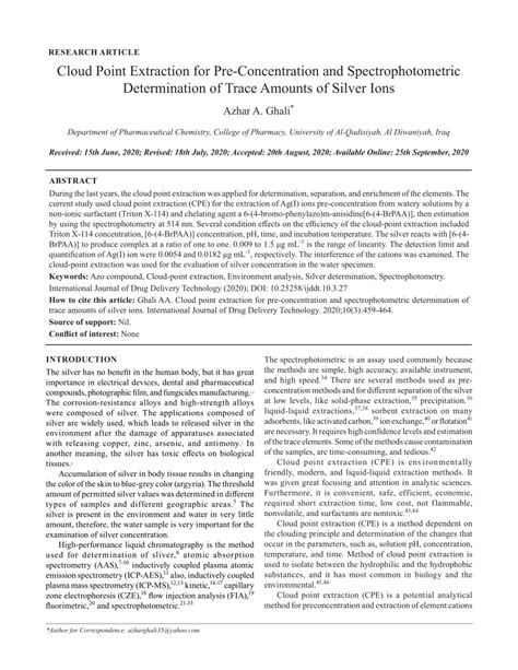 Pdf Cloud Point Extraction For Pre Concentration And Spectrophotometric Determination Of Trace