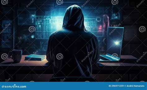 Silhouette Of A Hacker Working On A Computer With Multiple Screens