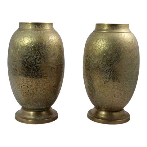 Pair Of Antique Chinese Etched Solid Brass Vases Chairish