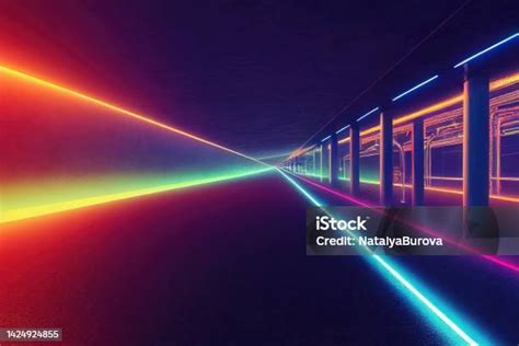 현대 미래 지향적 인 지하 주차장 복도 조명이있는 창고 빈 무대 방 밝은 네온 색상 기둥이있는 어두운 터널 디자인에 대한 미래의 배경 3d 일러스트 레이 션 0명에 대한
