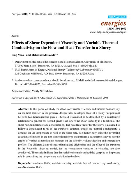 Pdf Effects Of Shear Dependent Viscosity And Variable Thermal Conductivity On The Flow And
