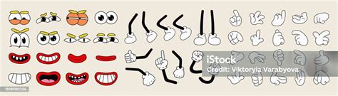 70년대 그루비한 코믹 얼굴 벡터 세트 만화 캐릭터 얼굴 다리 행복 화남 슬픔 쾌활한 다양한 감정의 손 모음 귀여운 복고풍 그루비 히피 일러스트레이션 장식 스티커 0명에