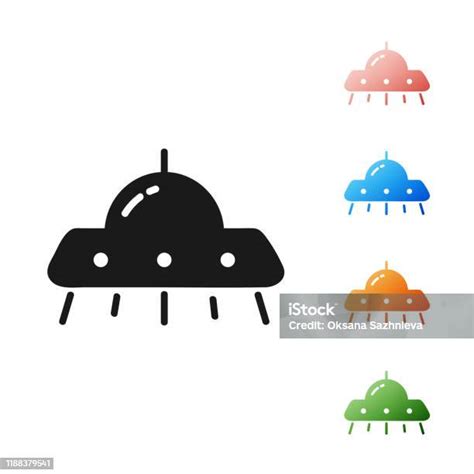 흰색 배경에 고립 된 검은 Ufo 비행 우주선 아이콘입니다 비행 접시 외계인 우주선입니다 미래 알 수없는 비행 물체 다채로운 아이콘을 설정합니다 벡터 일러스트레이션 개념에