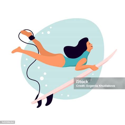 서핑 소녀 미니멀 벡터 일러스트 레이 션 플랫 스타일 디지털 아트 파도 아래에서 오리 다이빙을하는 서핑 보드를 가진 젊은 여성 가리기에 대한 스톡 벡터 아트 및 기타 이미지