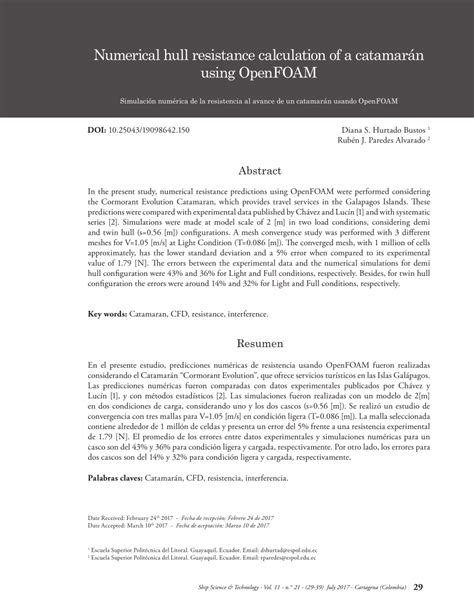 Pdf Numerical Hull Resistance Calculation Of A Catamarán Using Openfoam