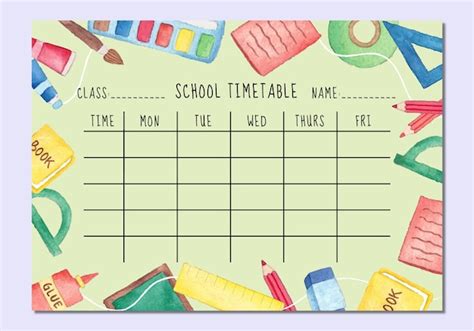수채화 자료와 학교 시간표 템플릿 무료 벡터