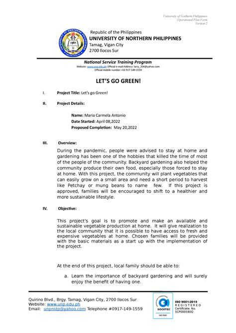 Operational Plan Let S Go Green ISO R E G I S T E R E D Certificate No SCP Q