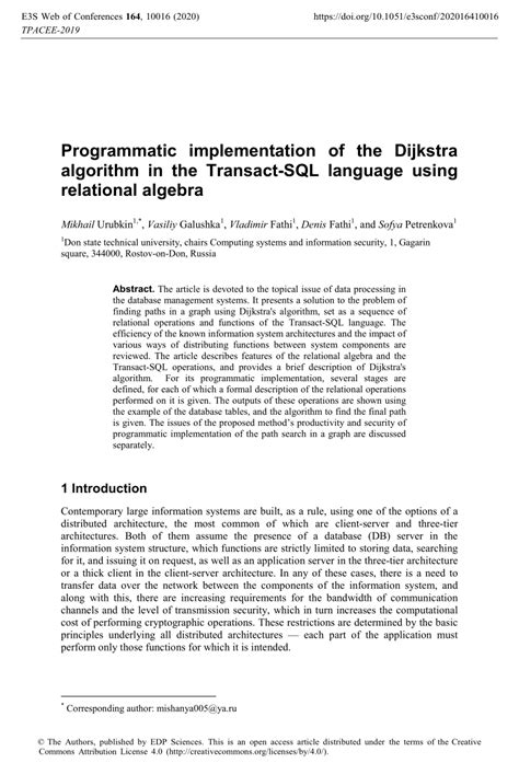 pdf programmatic implementation of the dijkstra algorithm in the transact sql language using