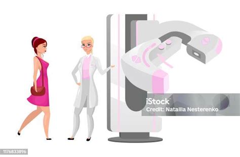 진단 유방 조영술 플랫 벡터 그림 여자 유방 검열 절차 현대 X 선 기계와 의사 방사선 촬영 절차 여성 환자와 유방 학자 만화 캐릭터 유방 촬영술에 대한 스톡 벡터 아트 및