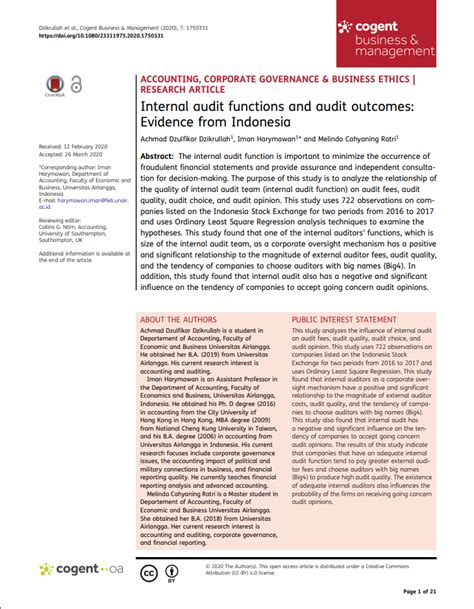Internal Audit Functions And Audit Outcomes Evidence From Indonesia