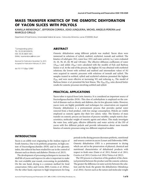Pdf Mass Transfer Kinetics Of The Osmotic Dehydration Of Yacon Slices With Polyols Osmotic
