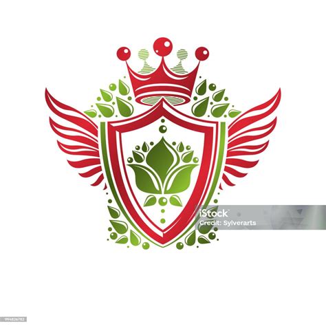 군주 크라운 및 백합 꽃 로얄 기호를 사용 하 여 만든 빈티지 문장 학 상징 최고의 품질 제품 기호 유기농 식품 테마 그림 날개