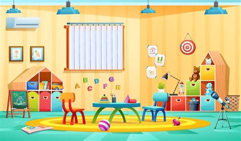 Kindergarten Classroom Interior Design Cartoon Illustration Premium