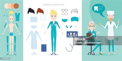 의사 또는 간호사 캐릭터 생성자 세트 만화 벡터 플랫 스타일 인포 그래픽 일러스트레이션 다양한 상황의 시뮬레이션을 위한 의료 도구 및 균일한 항목 키트 디자인에 대한 스톡