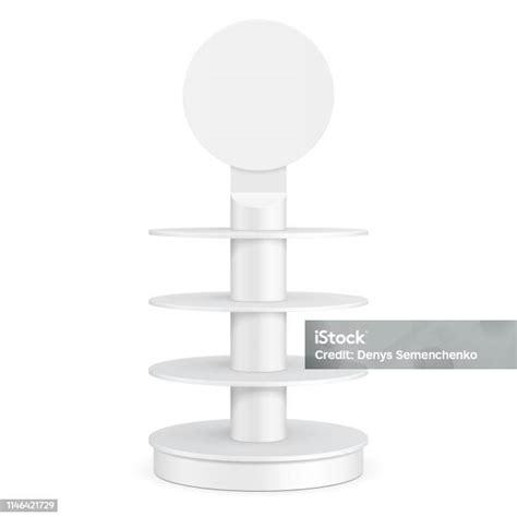 선반을 가진 슈퍼마켓 빈을 위한 둥근 Pos Poi 마분지 지 면 진열대 선반 모의 템플릿 흰색 배경에 고립 된 그림 제품 광고 벡터 3차원 형태에 대한 스톡 벡터 아트 및