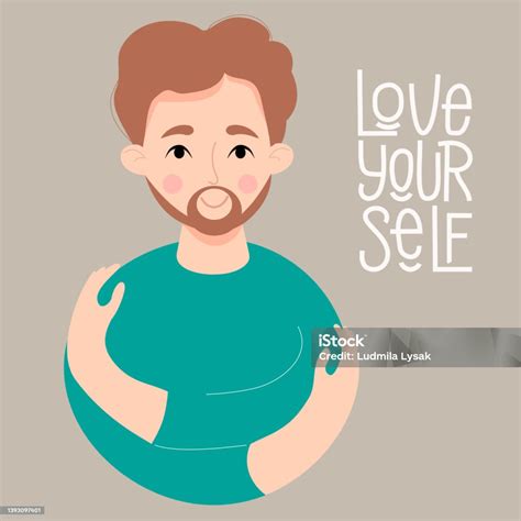 남성 엽서 너 자신을 사랑해 수염과 콧수염을 가진 잘 생긴 남자가 자신을 안아줍니다 개념 자신을 사랑하고 자신을 돌보는 데 시간을 할애하십시오 벡터 일러스트레이션 플랫