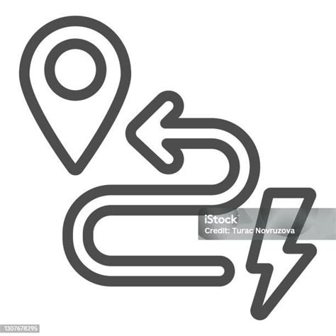 Ev 충전소 라인 아이콘 전기 자동차 개념 흰색 배경의 지도 표지판에 충전 지오 태그 윤곽 선에 번개 아이콘과 위치 핀에 경로 벡터 그래픽 0명에 대한 스톡 벡터 아트 및