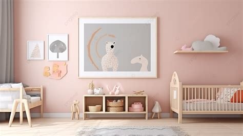 부드러운 색조의 수평 프레임 모형이 있는 세련된 어린이 방 인테리어의 3d 렌더링 아기 침실 보육실 아기방 배경 일러스트