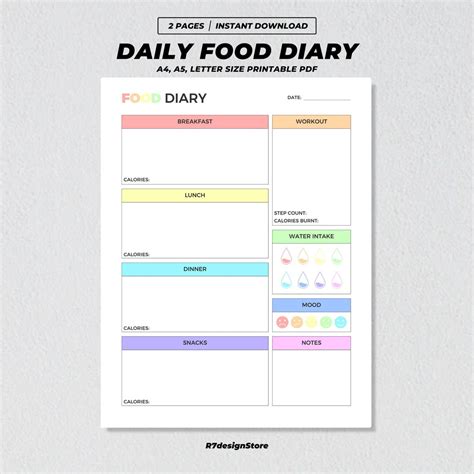 Daily Food Diary Log Printable Everyday Calorie Tracker Diet Fitness
