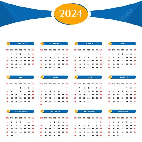 노란색과 파란색의 독특한 기하학적 디자인이 있는 2024년 달력 벡터 달력 달력 2024 연간 달력 Png 일러스트 및 벡터 에 대한 무료 다운로드 Pngtree