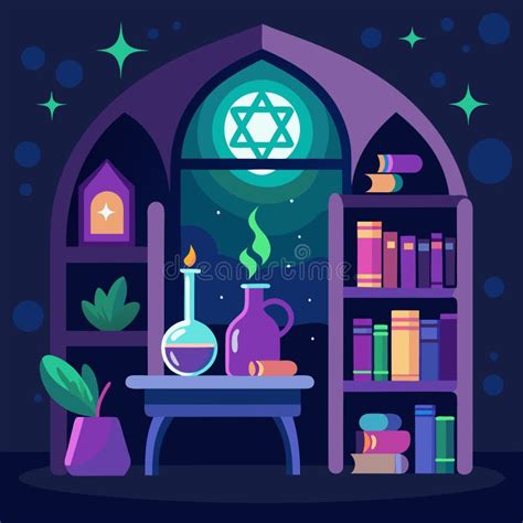 Magic School Library Room Interior With Fantasy Wizard Book On Bookcase Mystery Fairytale