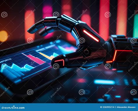 Robot With Artificial Intelligence Shows Graphs And Diagrams Analytics