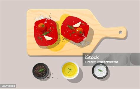 원시 신선한 쇠고기 안심 스테이크와 향신료 나무 절단 보드 음식 준비 벡터 삽화 건강한 생활방식에 대한 스톡 벡터 아트 및 기타 이미지 건강한 생활방식 건강한 식생활