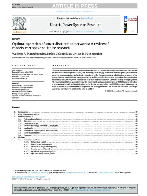 Pdf Optimal Operation Of Smart Distribution Networks A Review Of