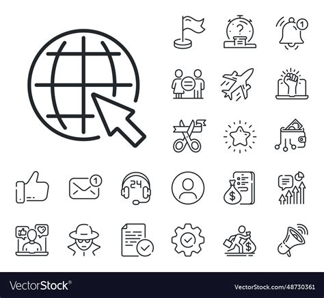 Globe With Mouse Cursor Line Icon World Sign Vector Image