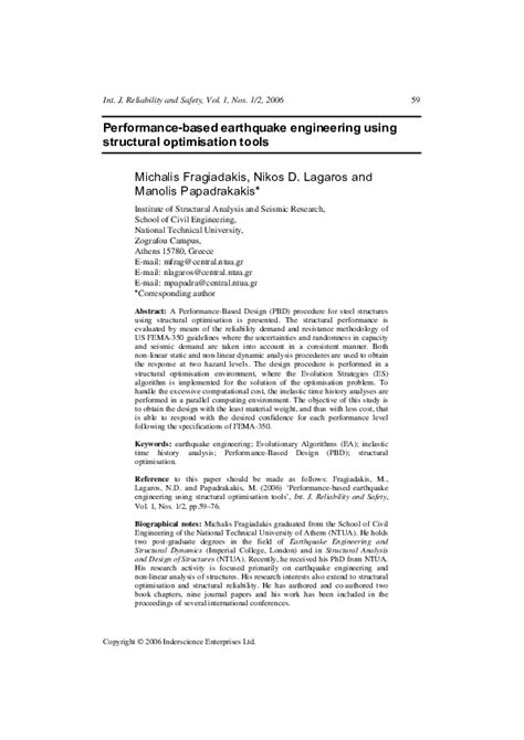 Pdf Performance Based Earthquake Engineering Using Structural Optimisation Tools