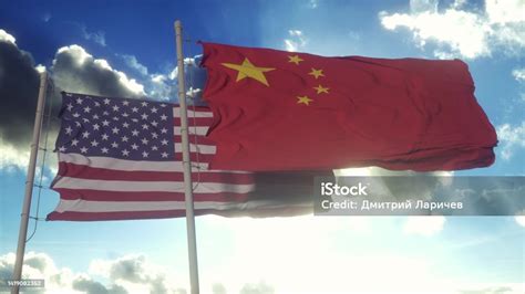 깃대에 중국과 미국 국기 중국과 미국이 바람에 깃발을 흔들고 있다 중국과 미국의 외교 개념 3d 일러스트레이션 중국 국기에 대한 스톡 사진 및 기타 이미지 Istock