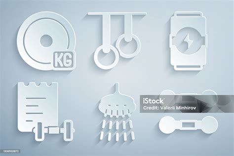 세트 샤워 에너지 음료 스포츠 트레이닝 프로그램 아령 체조 반지 와 체중 판 아이콘 벡터 3차원 형태에 대한 스톡 벡터 아트 및 기타 이미지 Istock
