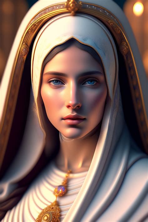 A Statue Of The Virgin Mary Wearing A Gold Necklace And Headdress With