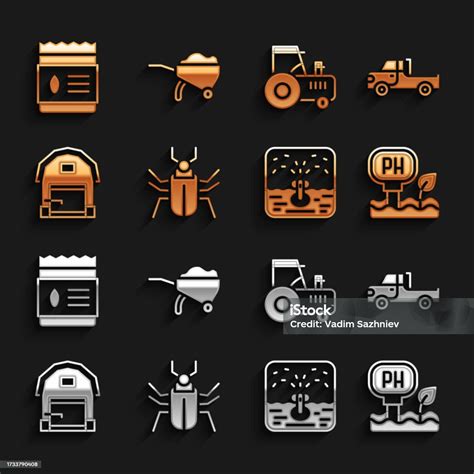 곤충 파리 픽업 트럭 토양 Ph 테스트 자동 관개 스프링클러 농가 트랙터 식물의 씨앗으로 가득 찬 팩과 흙 아이콘이 있는 수레를 설정합니다 벡터 0명에 대한 스톡 벡터 아트