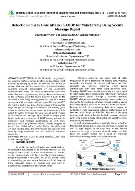 Pdf Detection Of Gray Hole Attack In Aodv For Manets By Using Secure Message Digest