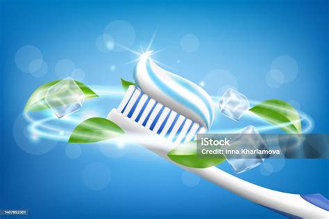 치약 광고 상쾌한 민트 칫솔 민트 잎 및 얼음 조각에 치약 그려진 요소 사실적인 3d 벡터 일러스트 레이 션 화장품 제품 흐림 파란색 배경 반짝이는 효과 3차원 형태에 대한