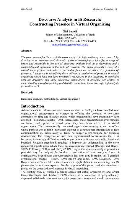Pdf Discourse Analysis In Is Abstract Discourse Analysis In Is Research Constructing Presence