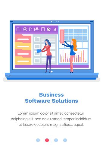 사람들은 비즈니스 소프트웨어 솔루션을 만듭니다 여성은 컴퓨터와 함께 작동합니다 웹 사이트 페이지 템플릿 Html에 대한 스톡 벡터 아트 및 기타 이미지 Istock
