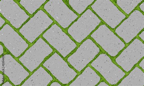 Seamless Pattern Of Old Pavement With Moss And Herringbone Textured Bricks Vector Pathway