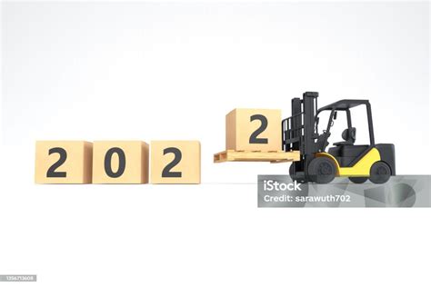 새해 2022 지게차는 숫자 와 골판지 상자를 들어 올리고있다 2 1월에 대한 스톡 사진 및 기타 이미지 1월 2022년 3차원 형태 Istock