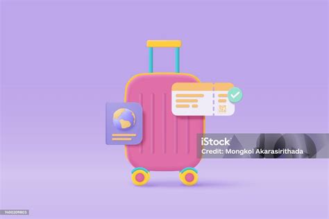 신분증 여권 및 비행기 여행 관광 여행 계획이있는 3d 여행 가방 휴가 여름 개념에 여행 가방과 함께 세계 투어를 계획하는 관광 비행기 여행 3d 아이콘 벡터 렌더링