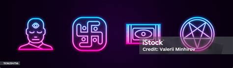 세 번째 눈 자이나교 전통 카펫 및 오각형 원을 가진 남자를 설정합니다 빛나는 네온 아이콘입니다 벡터 3에 대한 스톡 벡터 아트 및 기타 이미지 Istock