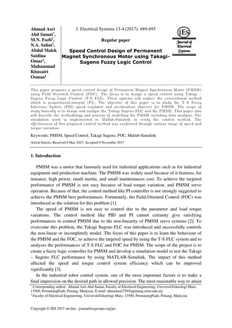 Pdf Speed Control Design Of Permanent Magnet Synchronous Motor Using Takagisugeno Fuzzy Logic